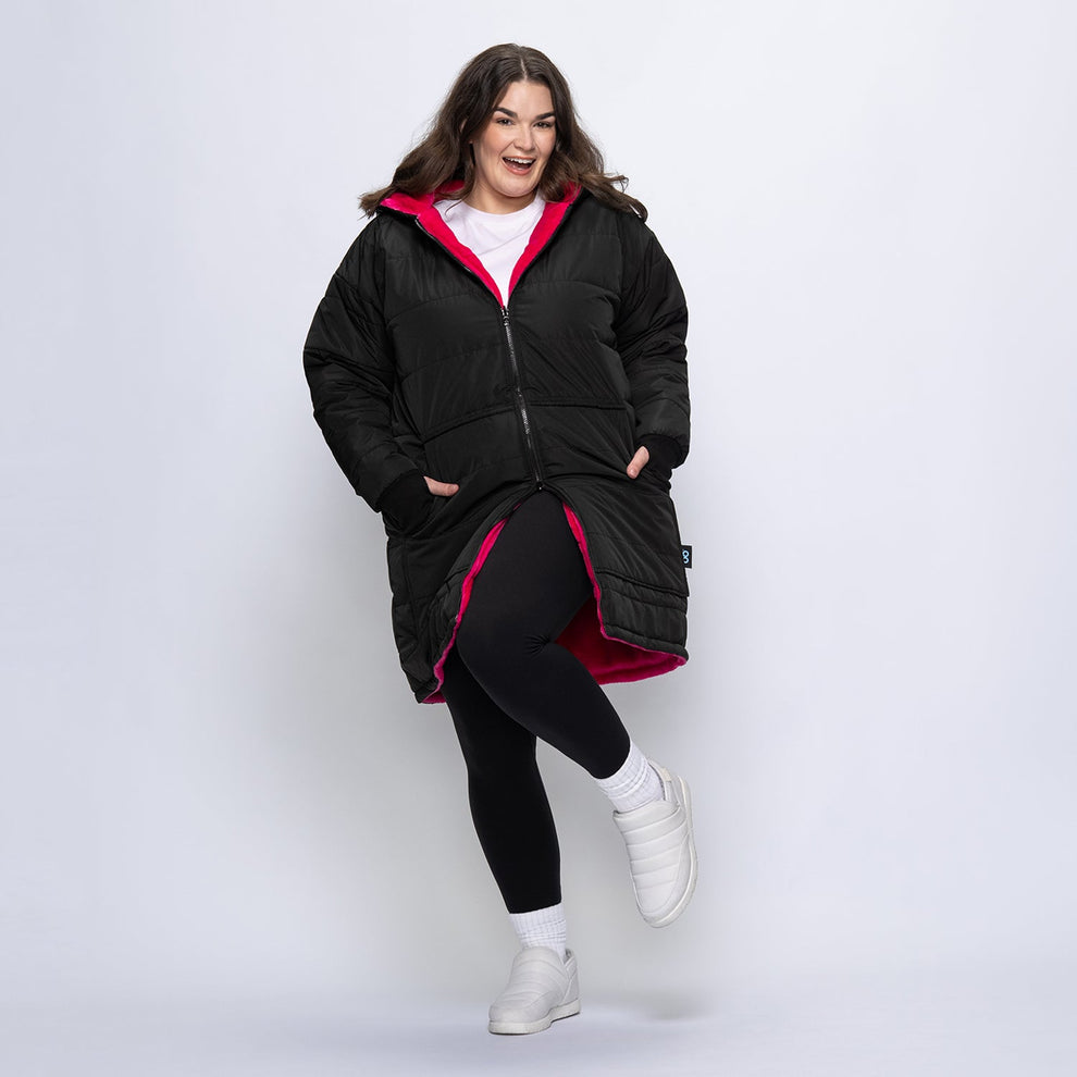Black/Bright Pink Long Puffer Jacket – The Oodie UK