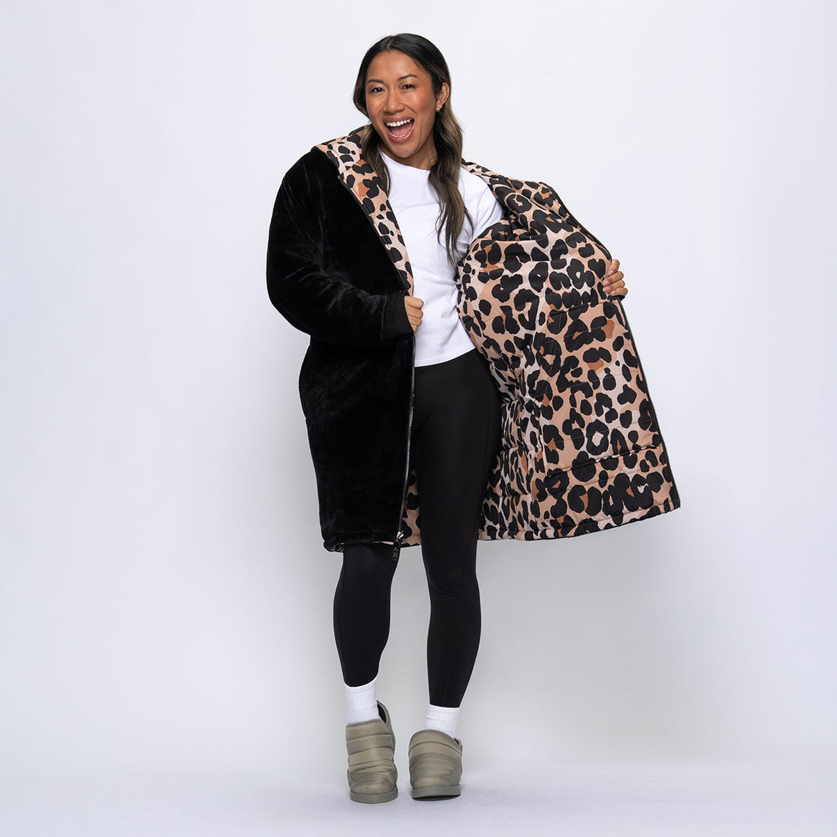 Leopard Print/Black Long Puffer Jacket – The Oodie UK